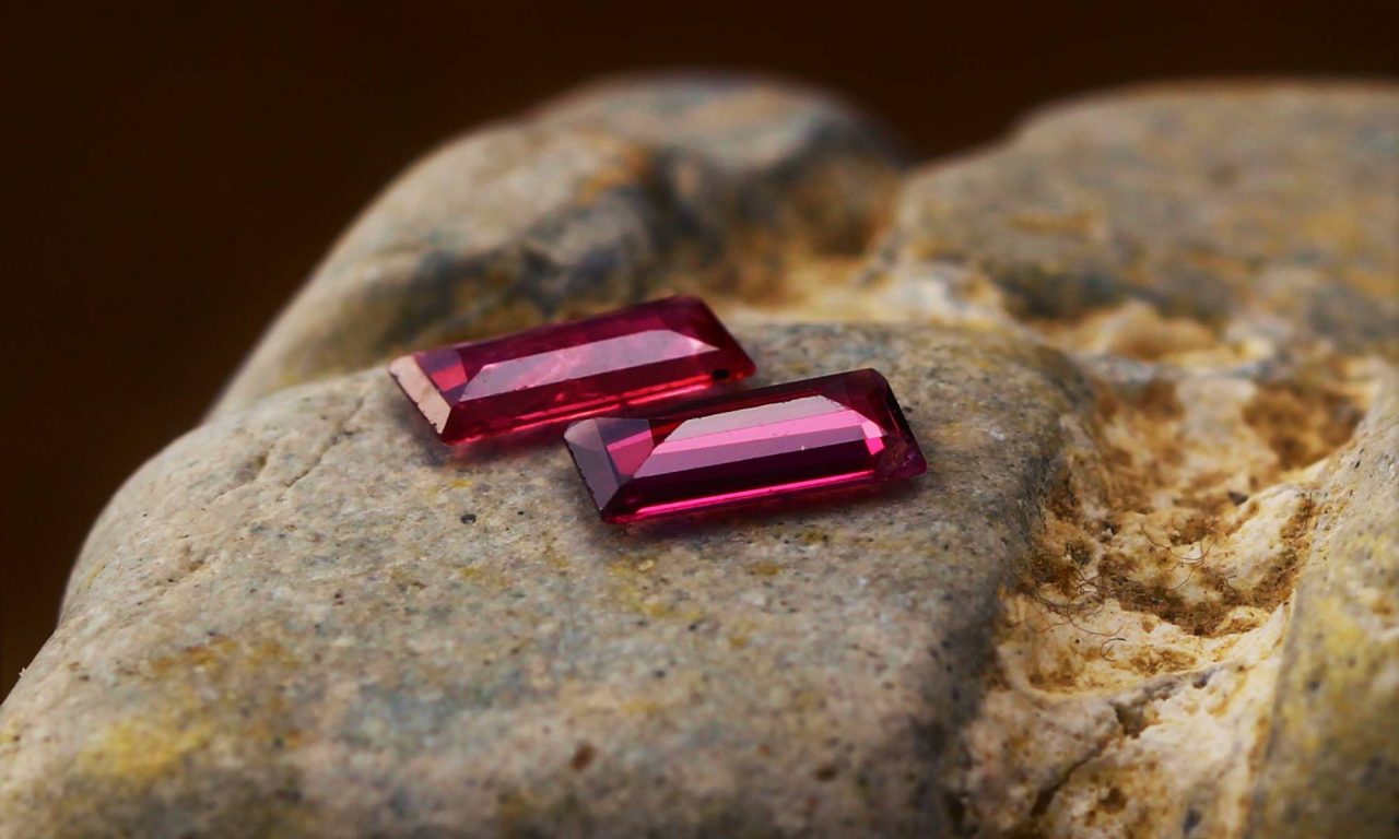 Antique Elongated Step Cut Ruby 3 Stone Suite - Gem Concepts